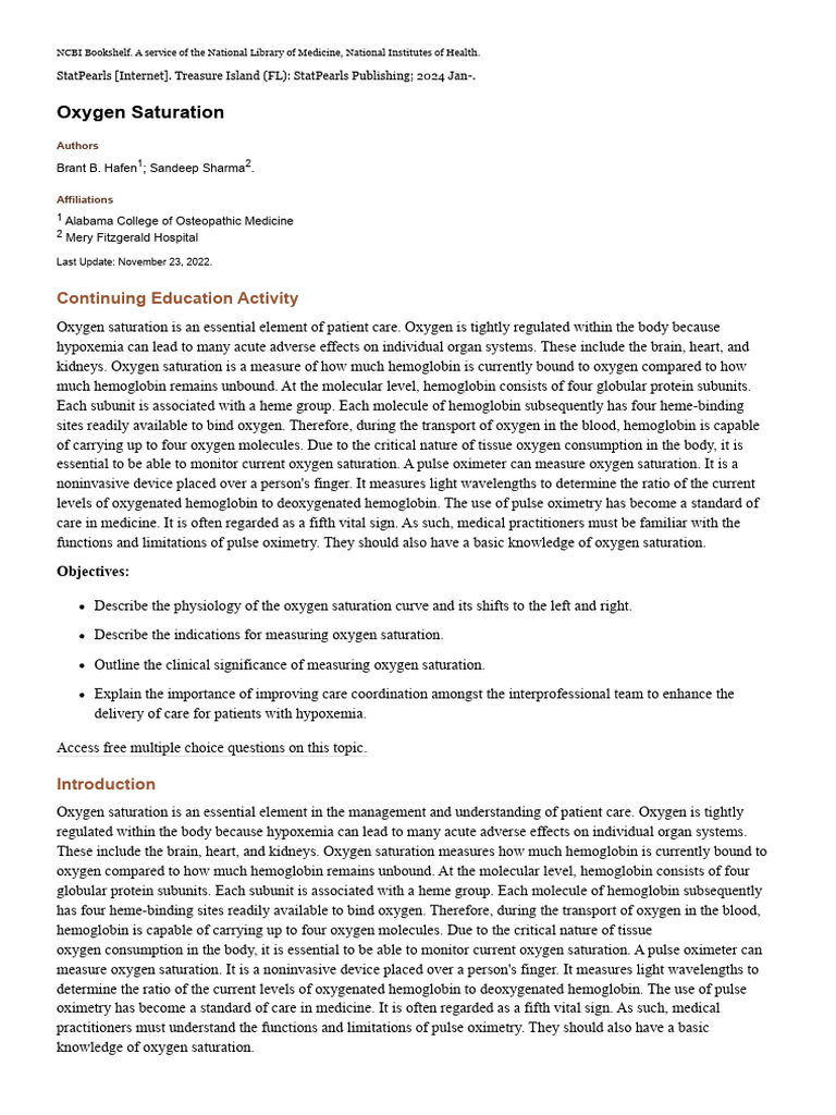 Oxygen Saturation - StatPearls - NCBI Bookshelf | PDF | Hemoglobin | Physiology