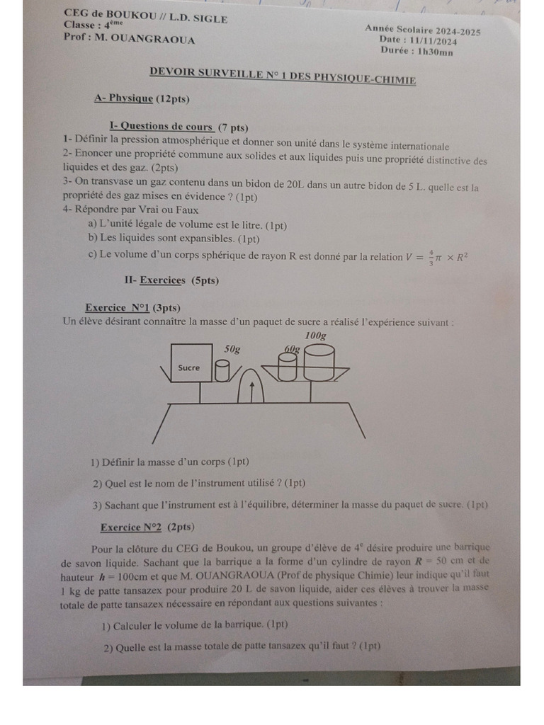 Devoir N°1 PC 4è 2024 | PDF