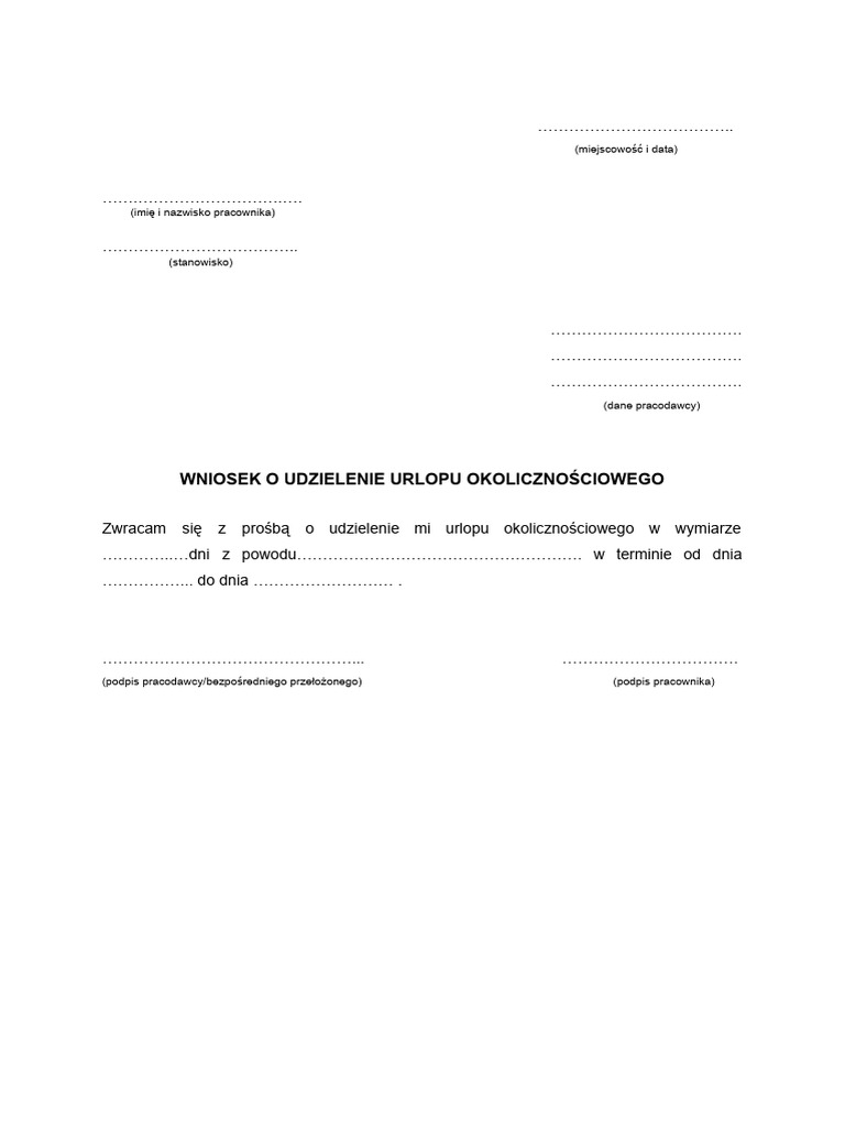 Wniosek o Urlop Okolicznościowy - Wzór | PDF