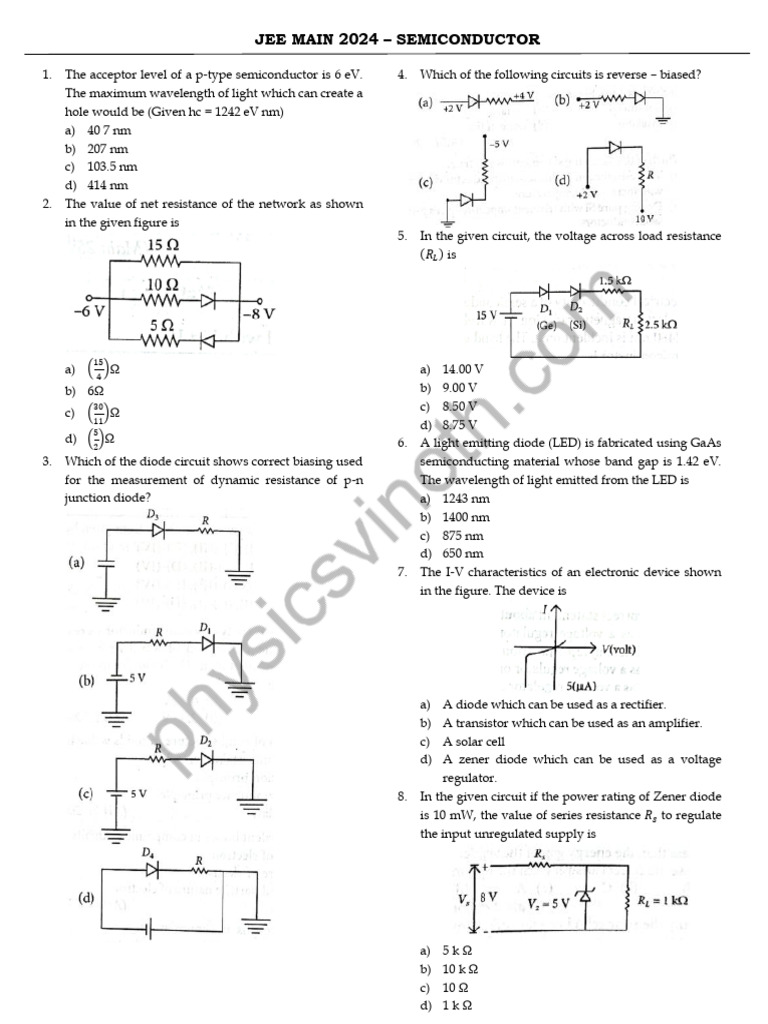 JEE Main 2024 Semiconductor Quiz | PDF | Diode | Semiconductors