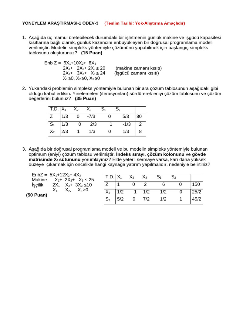 2020-21 Yon Ars-1 Odev-3 Simpleks Ve Yorumlama | PDF
