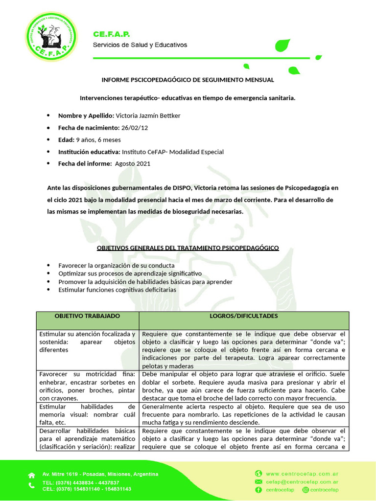 Informe Psicopedagógico de Victoria | PDF | Las emociones | Aprendizaje