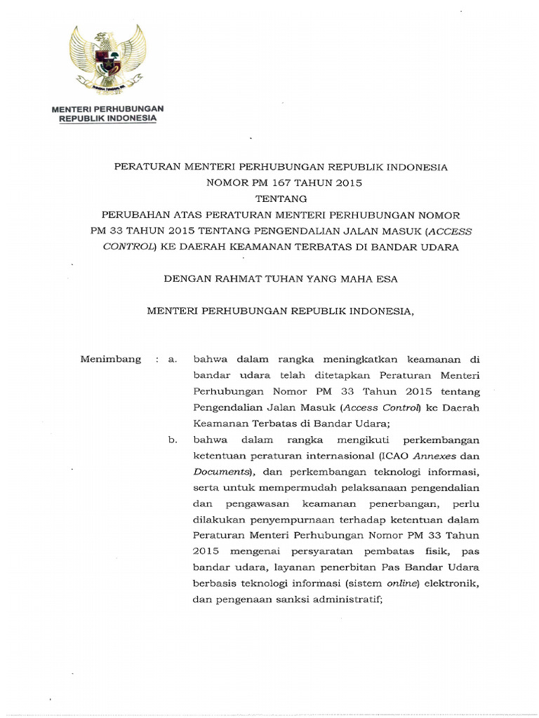 PM 167 Tahun 2015 Perubahan Atas Peraturan Menteri Perhubungan Nomor PM 33 Tahun 2015 Tentang ...