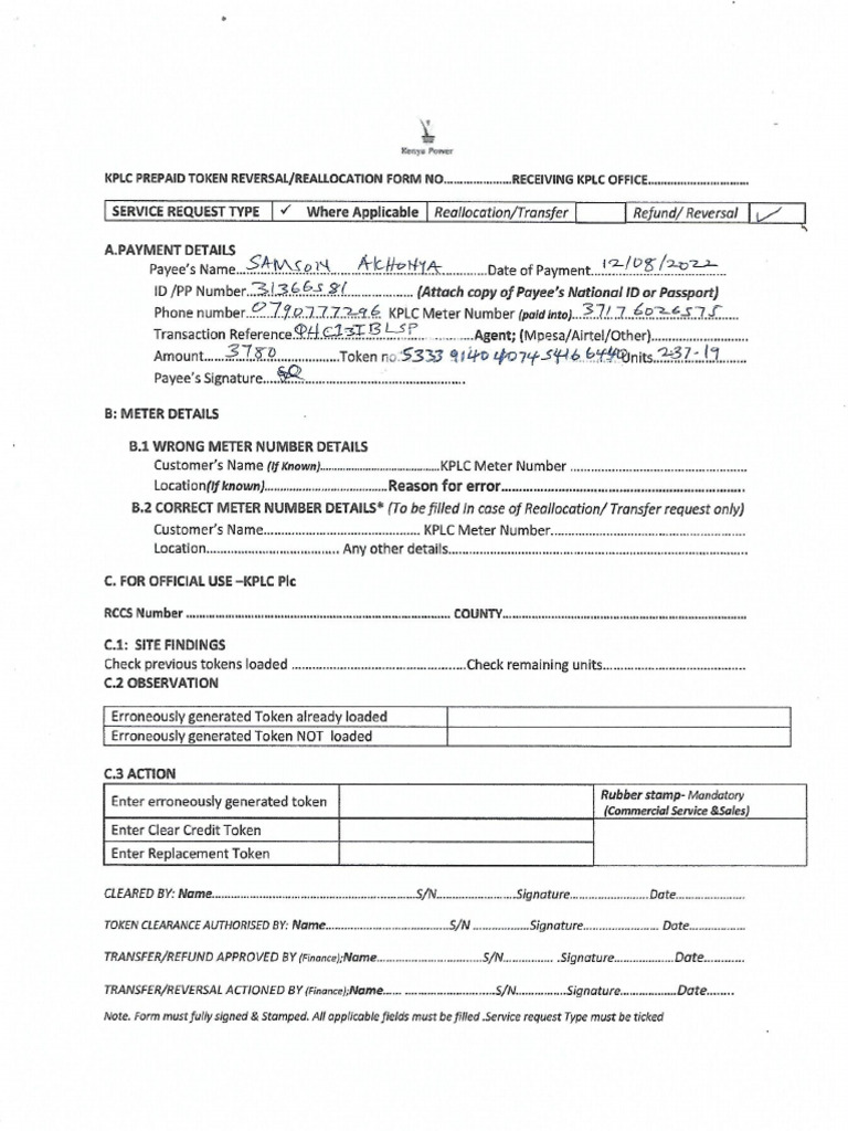 Kplc Prepaid Token Reversal | PDF