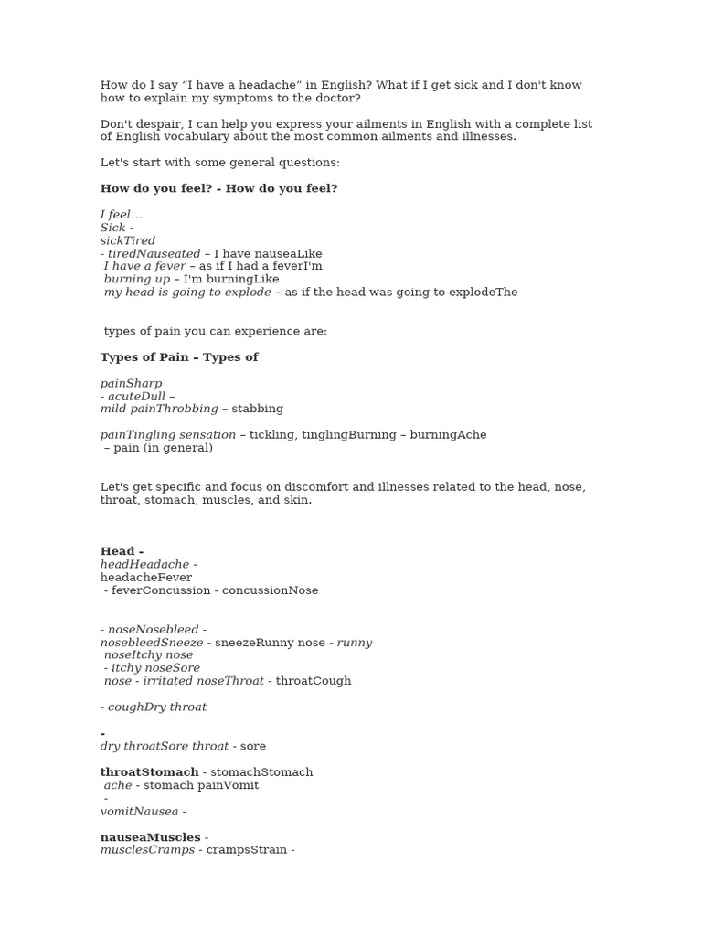 English Vocabulary for Common Illnesses | PDF | Pain | Influenza