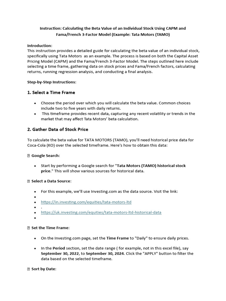 Instruction Calculating The Beta Value of An Individual Stock | PDF ...