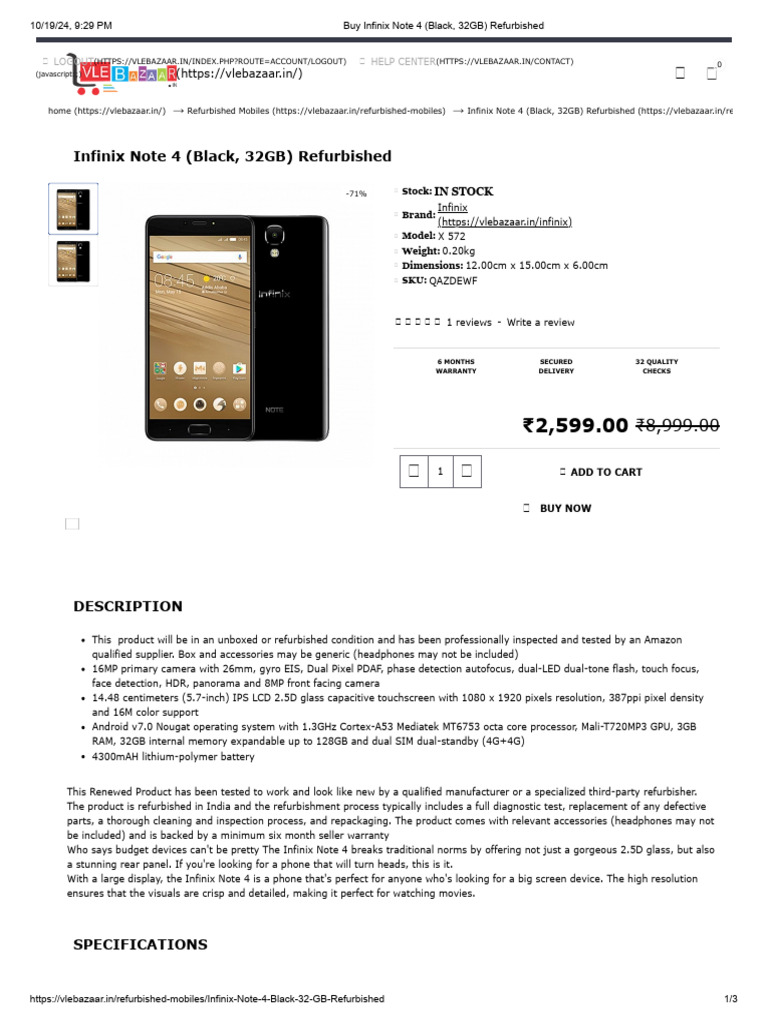 Buy Infinix Note 4 (Black, 32GB) Refurbished | PDF | Consumer ...