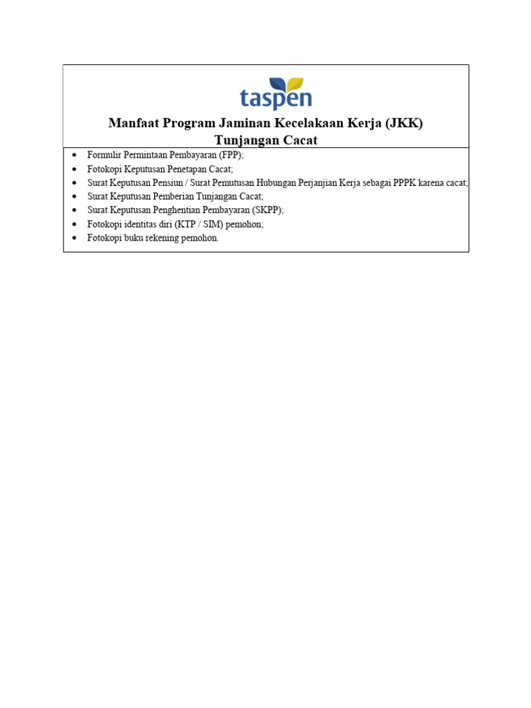 formulir_686214461689820102 Manfaat JKK Tunj cacat | PDF