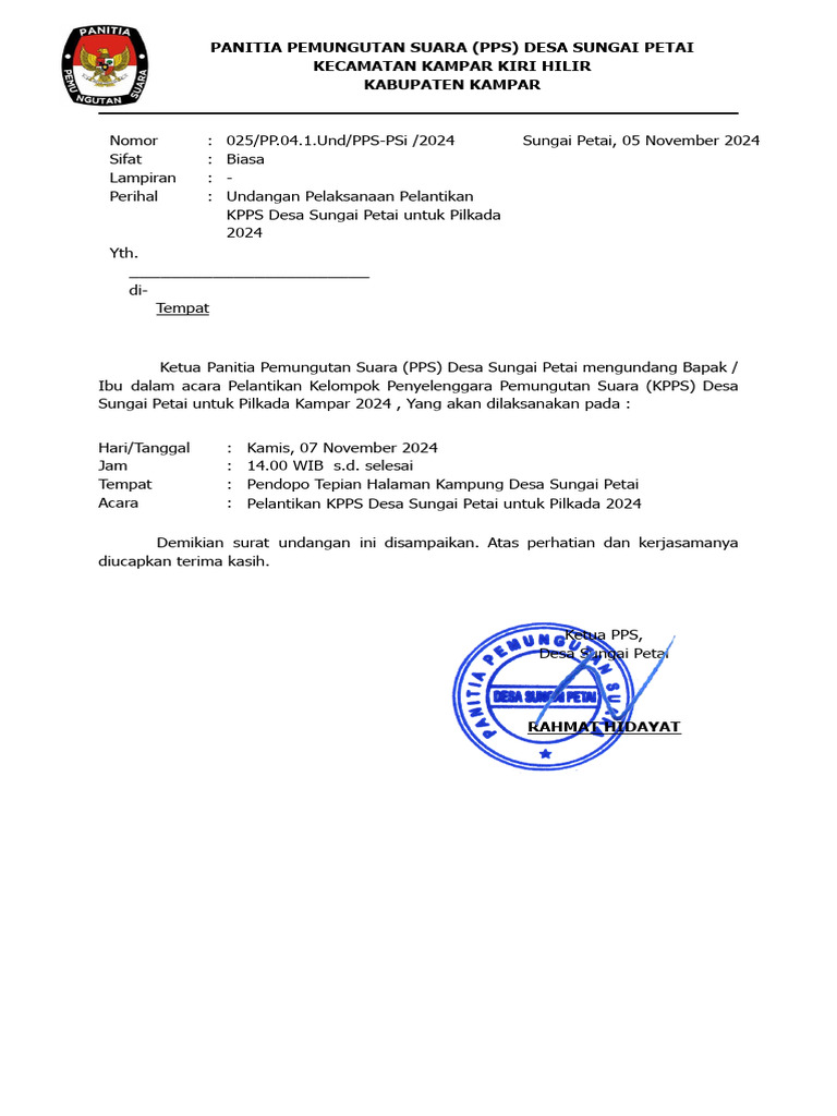 Undangan Pelantikan KPPS Pilkada 2024 | PDF