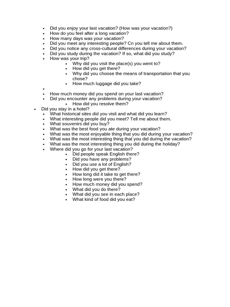 Did You Enjoy Your Last Vacation - Questions | PDF