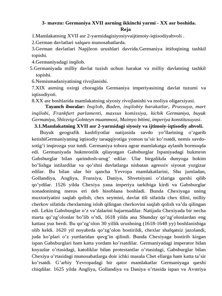 3-Mavzu: Germaniya XVII Asrning Ikkinchi Yarmi - XX Asr Boshida. Reja | PDF