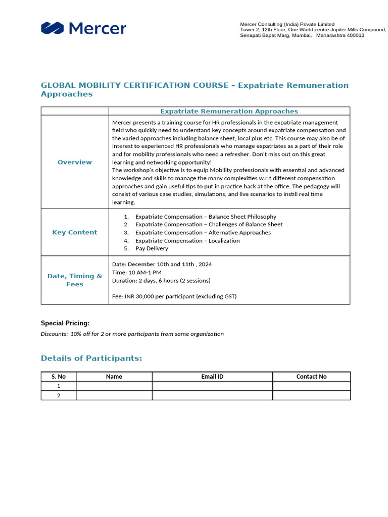 Mercer GM Certification Course Sign Up Form - Dec'24 | PDF | Invoice ...