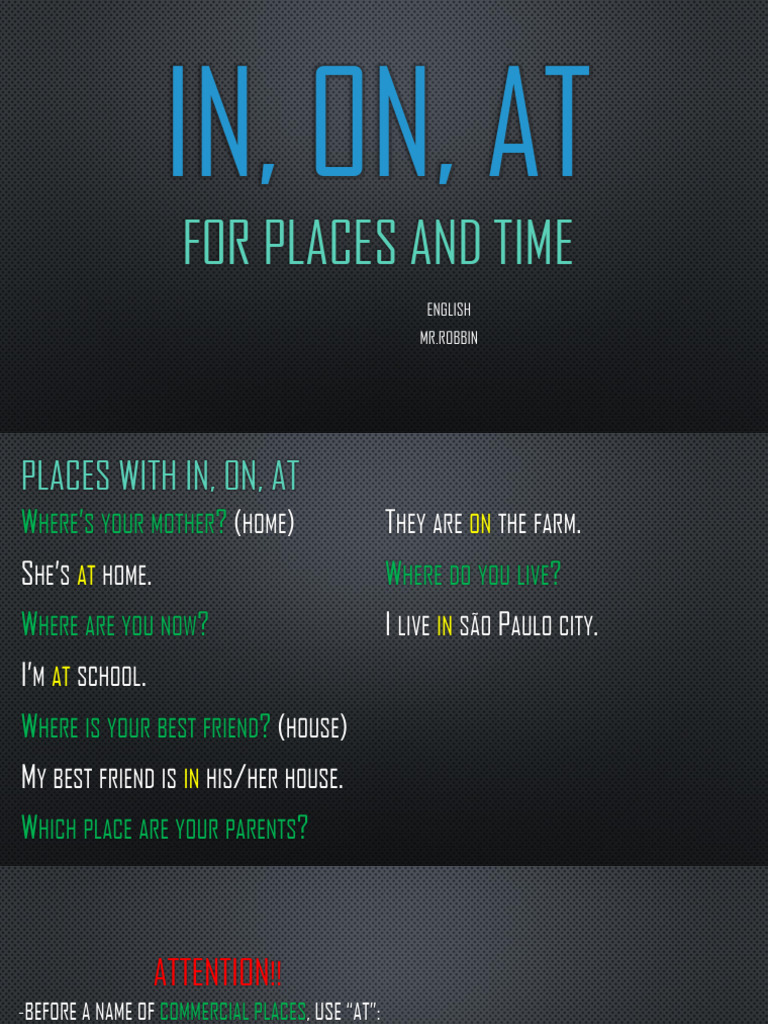 In, On, at For Places and Time PDF | PDF