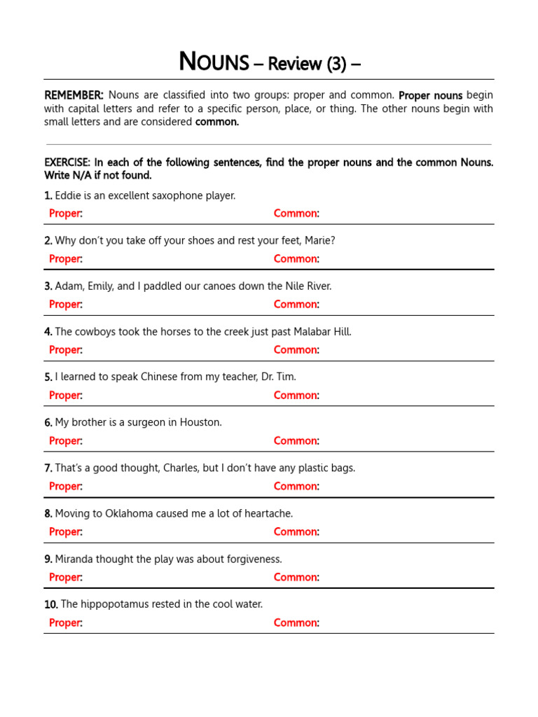Proper vs. Common Nouns Exercise | PDF
