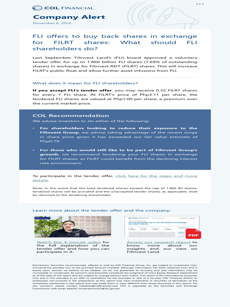 COL Company Alert - 2024.11.14 - COLCON With FLI Tender Offer | PDF | Investing | Securities ...
