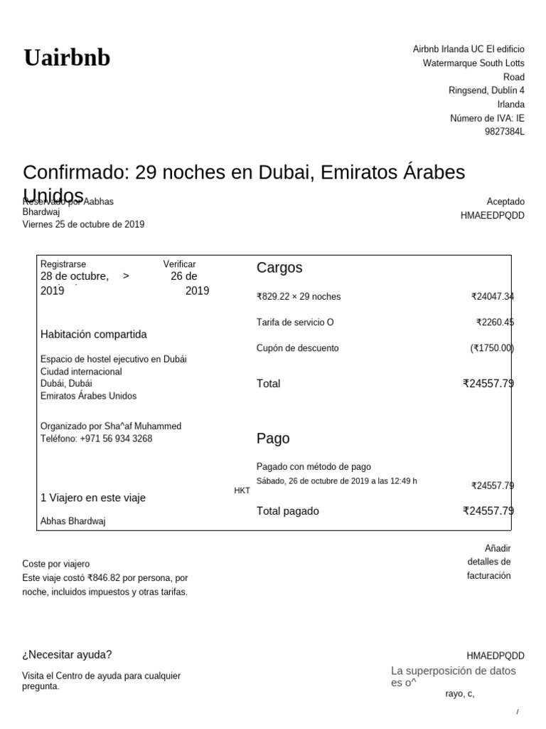 Recibo de viaje de Airbnb, Código de confirmación HMAEEDPQDD.pdf | PDF | Airbnb