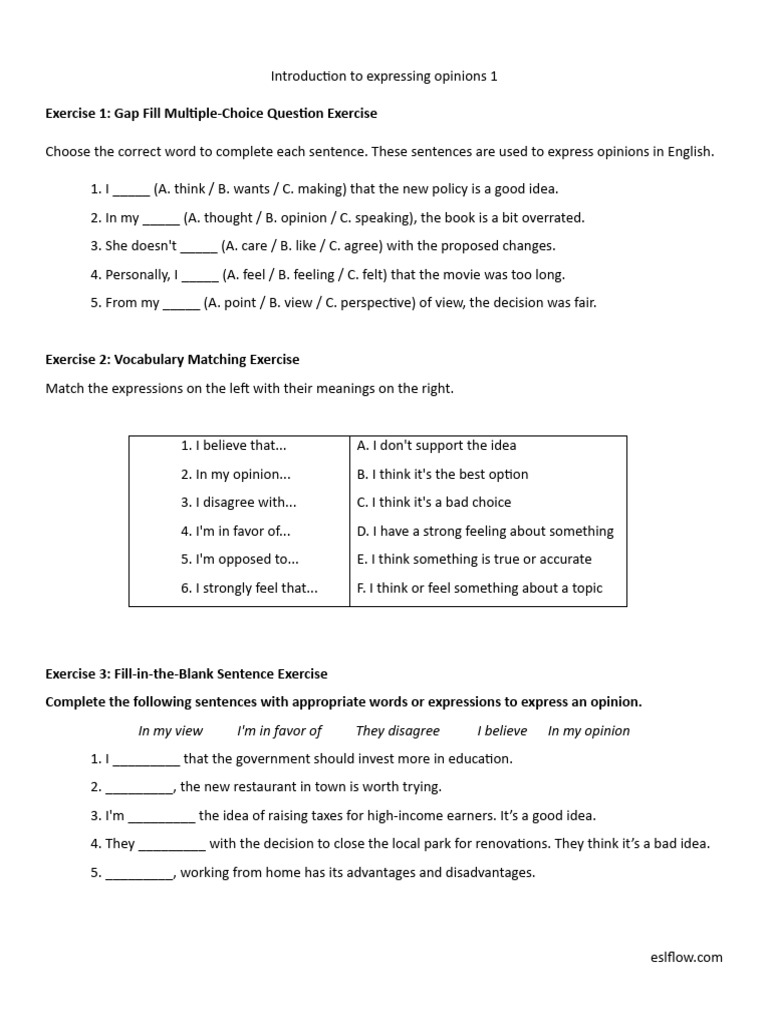 Expressing Opinions Basic Vocabulary 1 2023 | PDF