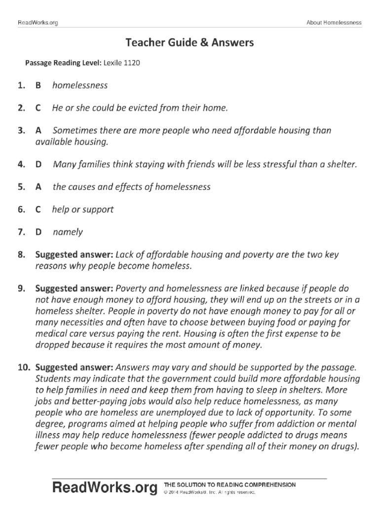About Homelessness Answer Key | PDF
