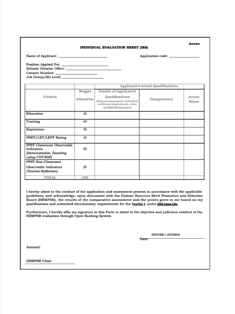 PDF Annex G 1 Individual Evaluation Sheet Ies Teacher I Tin Compress | PDF