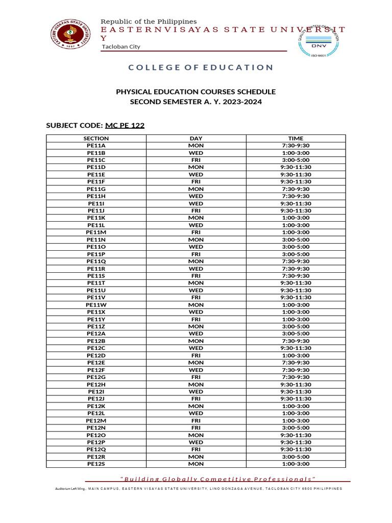 Physical Education Courses Schedule Pe 122 222 1 | PDF | Management Of ...