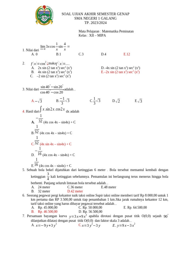 Soal Matmin Pas Genap 2024 | PDF