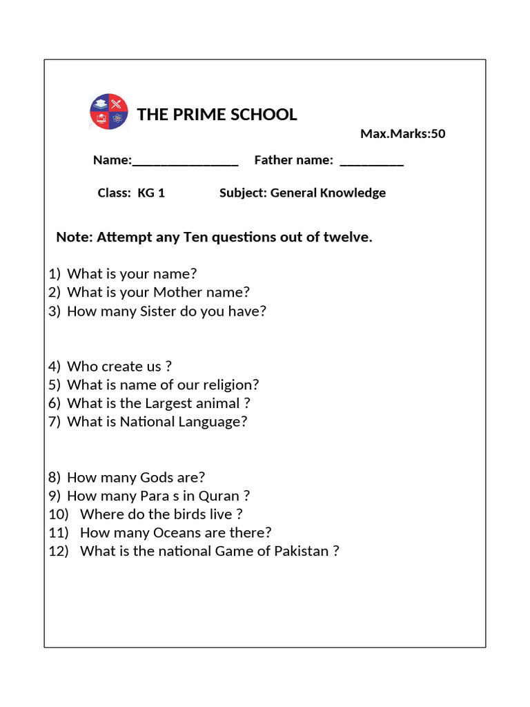 KG 1 General Knowledge Quiz | PDF