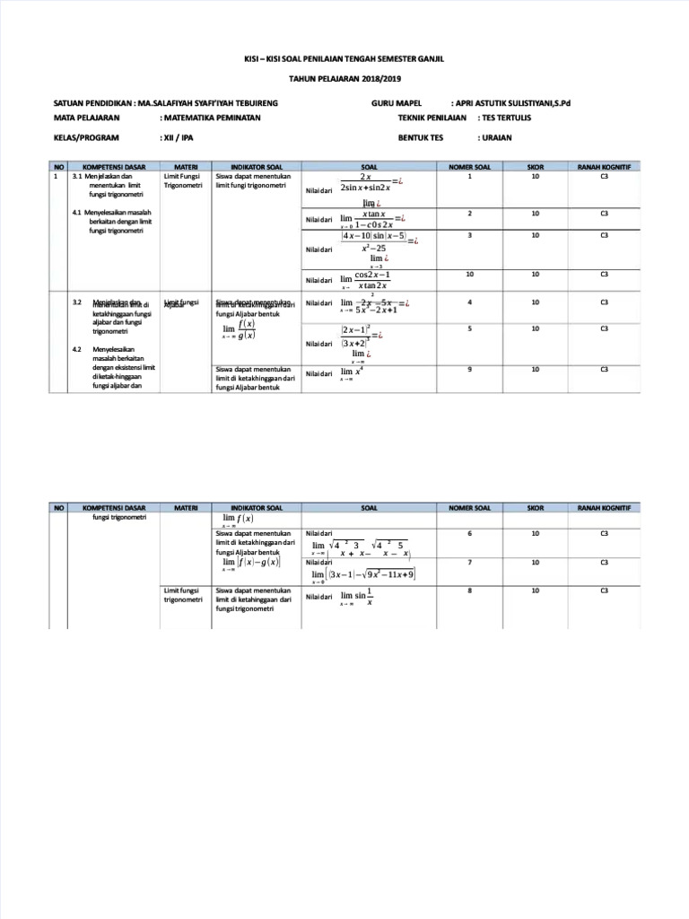 PDF Kisi2 Soal Xii Ipa Pts MTK Peminatan - Compress | PDF