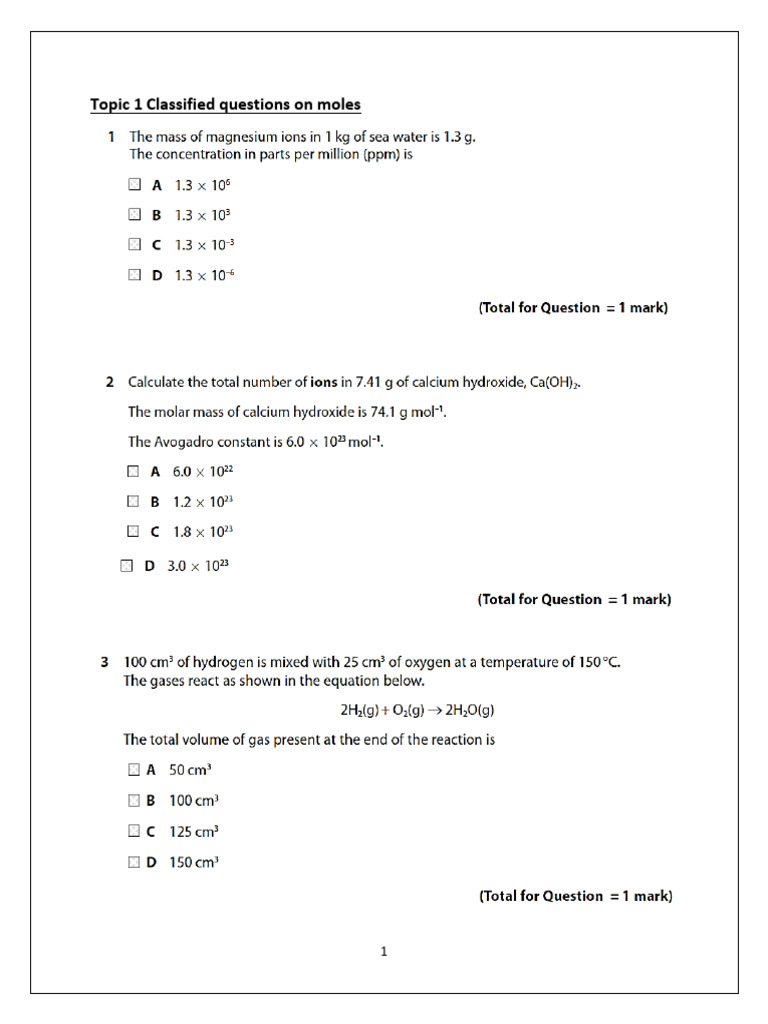 Topic 1 Classified questions on moles last | PDF