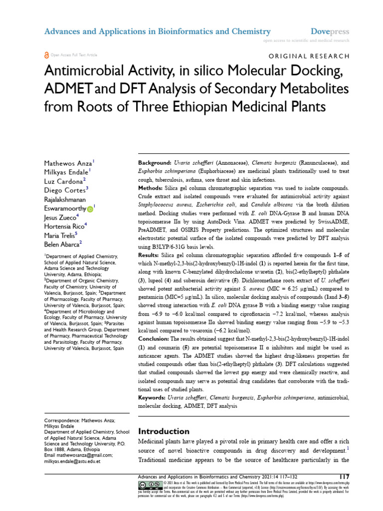 Antimicrobial Activity, in Silico Molecular Docking, ADMET and DFT Analysis | PDF | Docking ...