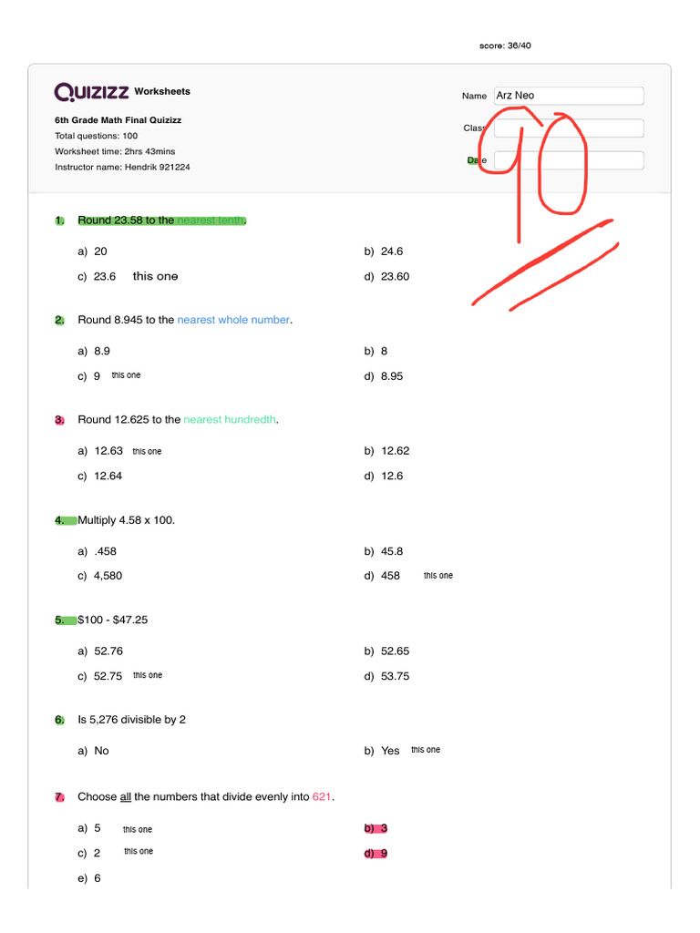 6th Grade Math Final Quizizz Quizizz | PDF | Odds | Angle