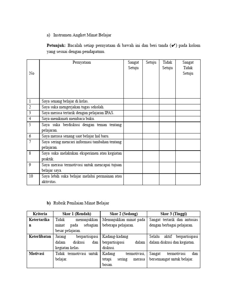 A) - Instrumen Angket Minat Belajar | PDF