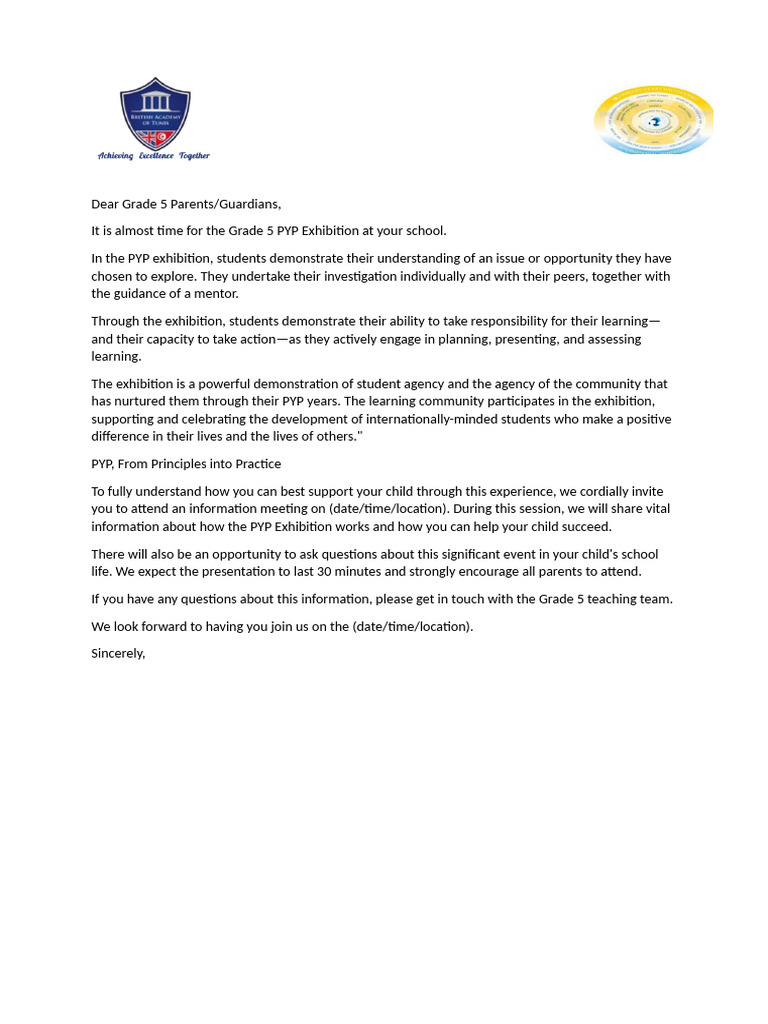 PYP Exhibition Letter To Parents Grade 5 Parents | PDF