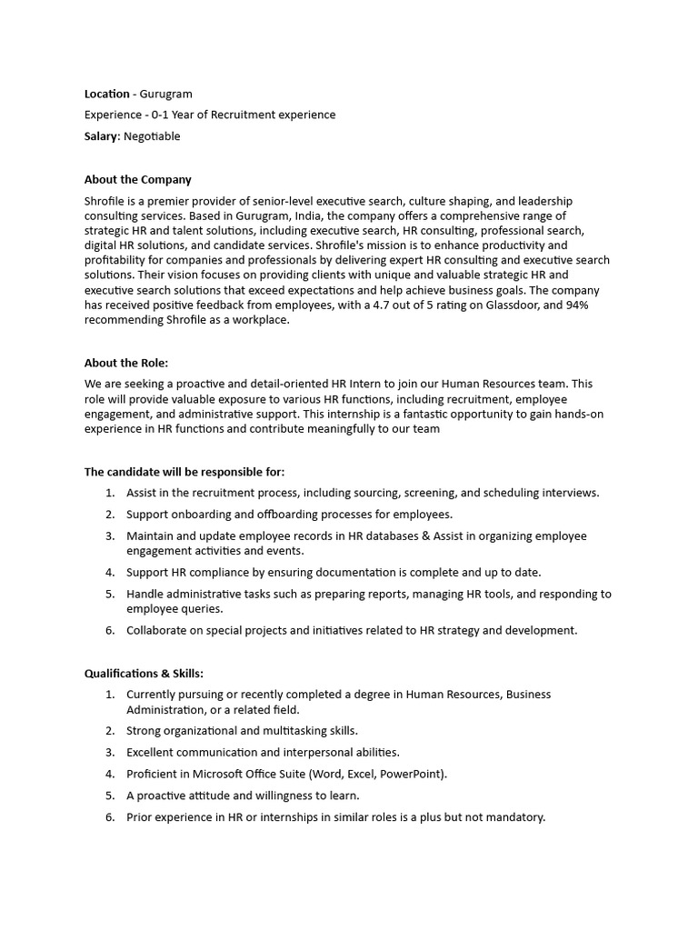 JD - HR Intern-2025 | PDF | Recruitment | Human Resources