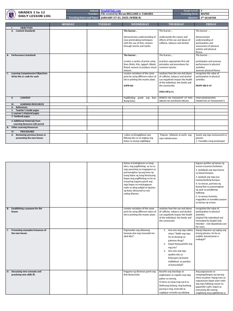 DLL - Mapeh 5 - Q3 - W8 | PDF