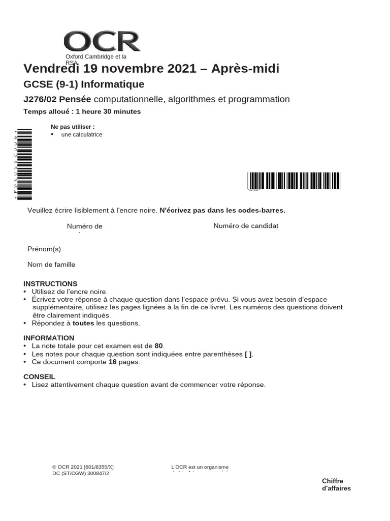 Question Papier Pensée Computationnelle Algorithmes Et Programmation | PDF | ASCII | Codage des ...