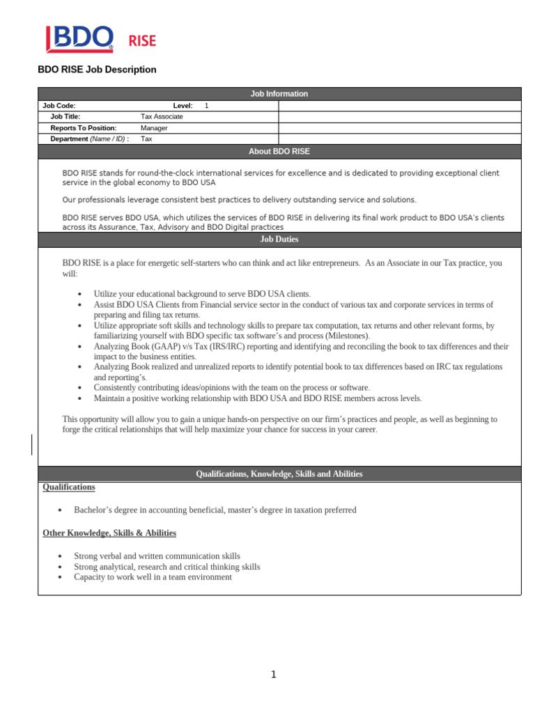 Tax Associate Job Description at BDO RISE | PDF | Taxes | Accounting