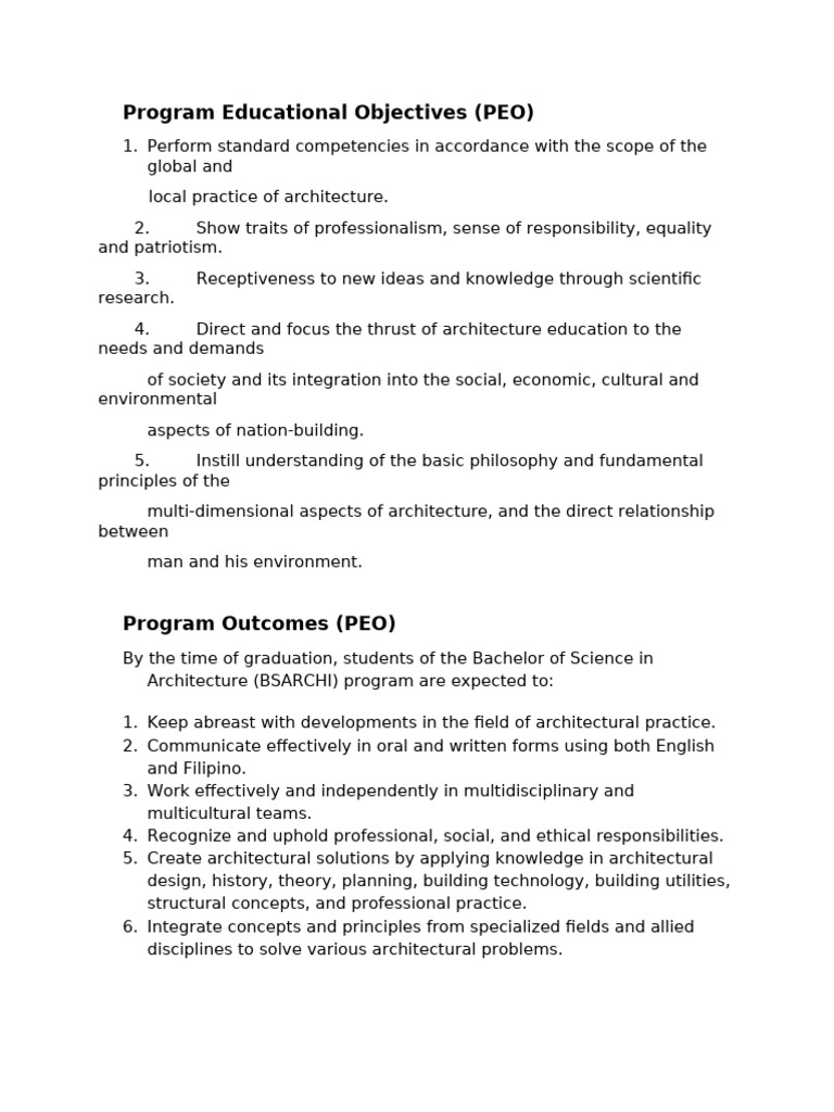 Architecture Program Objectives and Outcomes | PDF | Design | Knowledge