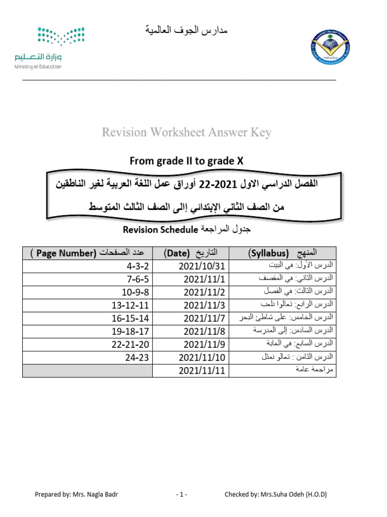 Arabic For Non - Arabs Revision Worksheet From Grade II - IX Answer Key ...