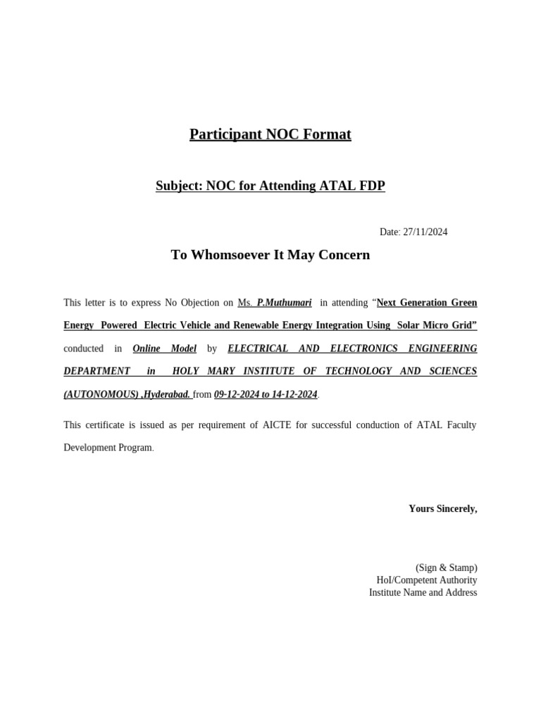 Participant NOC Format: To Whomsoever It May Concern | PDF