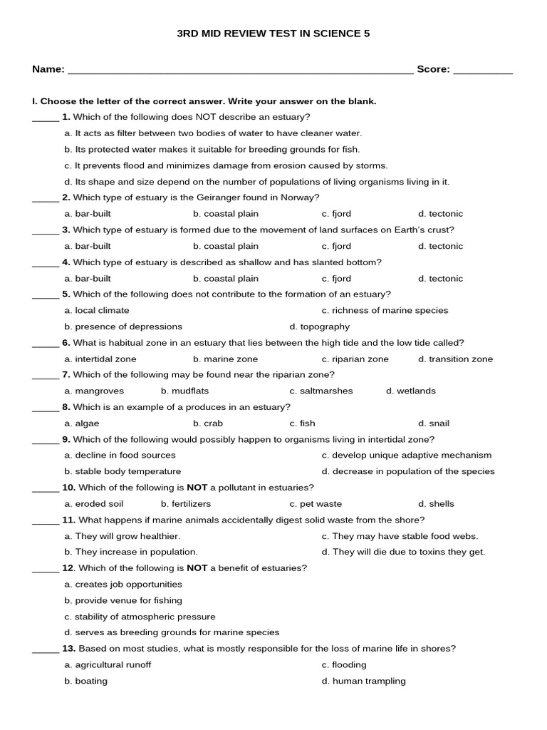 Science 5 Estuary Review Test | PDF | Estuary | Coast