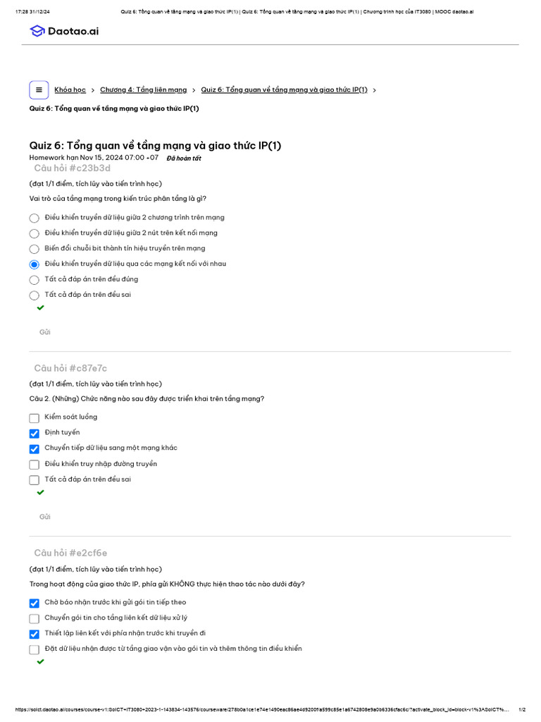 Quiz 6 - Tổng quan về tầng mạng và giao thức IP | PDF