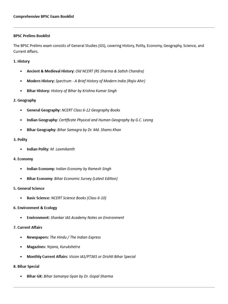 Comprehensive BPSC Exam Booklist | PDF