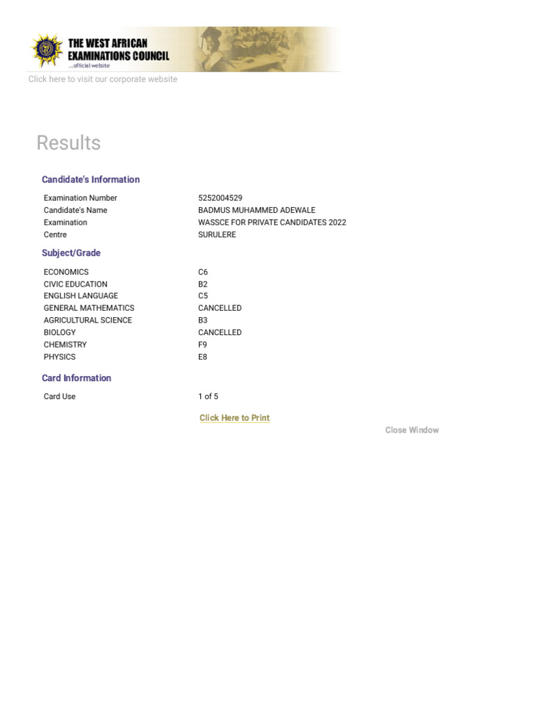 Waecdirect Online - Results | PDF