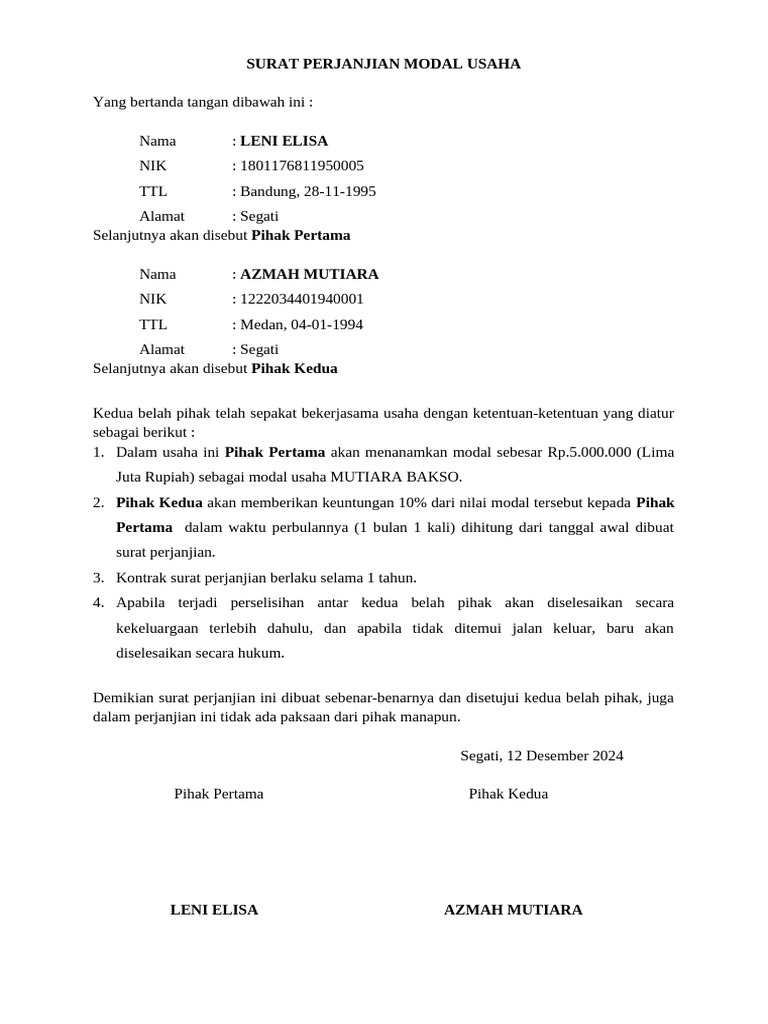 Surat Perjanjian Modal Usaha | PDF