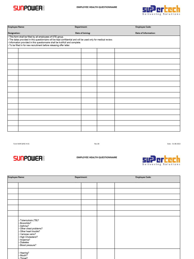 QHSE-H01 - Rev.00 - Employee Health Questionnaire | PDF | Medicine ...