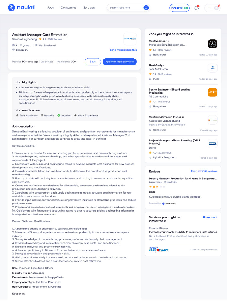 Cost Estimation Manager Needed | PDF | Engineering | Supply Chain ...