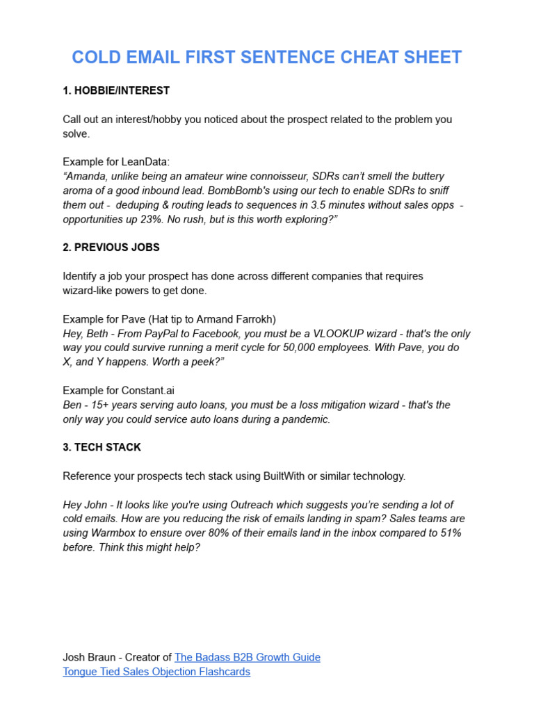 Cold Email First Stentence Cheat Sheet | PDF