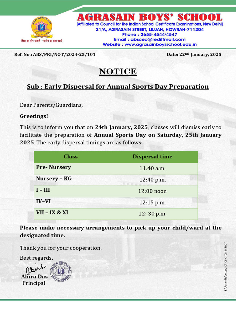 Early Dispersal Notice for Sports Day | PDF