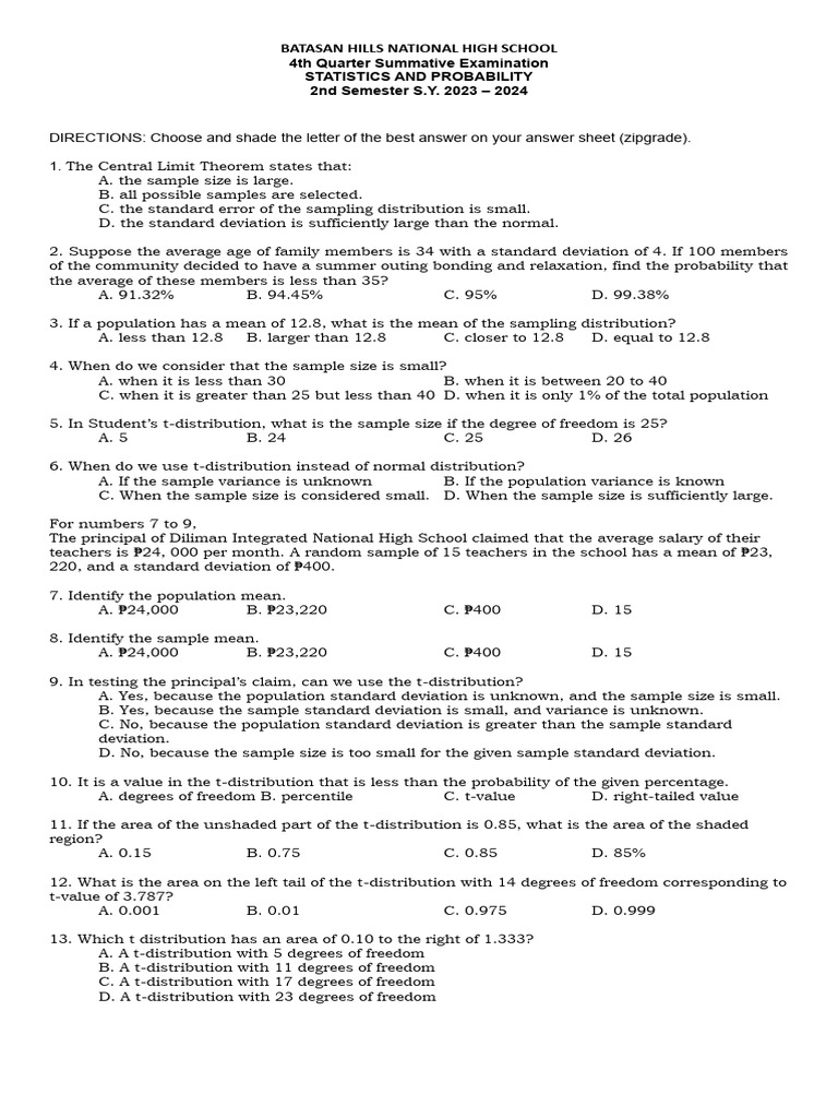 4th Quarter Summative Test | PDF | Type I And Type Ii Errors ...