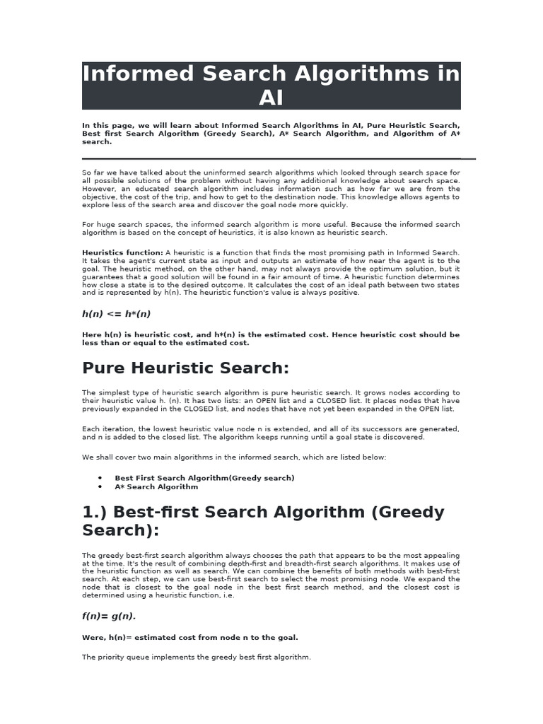 Informed Search Algorithms In Ai Pdf Algorithms And Data Structures Algorithms